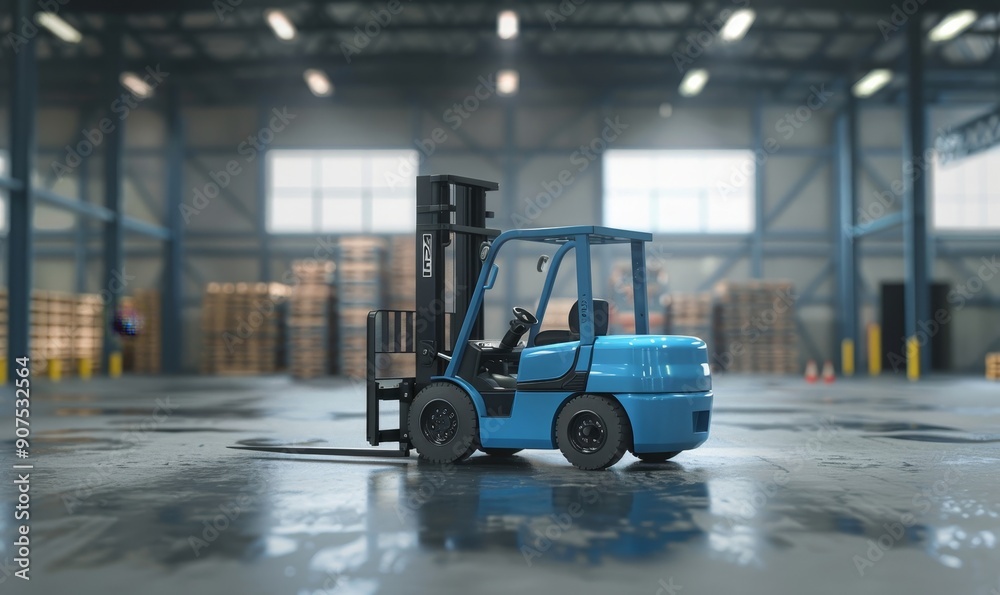 Blue forklift parked in industrial warehouse with pallets. Warehouse ...