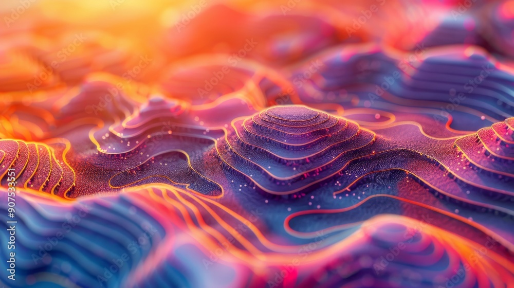 Detailed 3D topographic map with mountains, plains and bodies of water ...