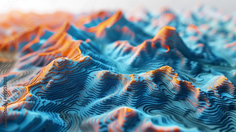 Detailed 3D topographic map with mountains, plains and bodies of water ...