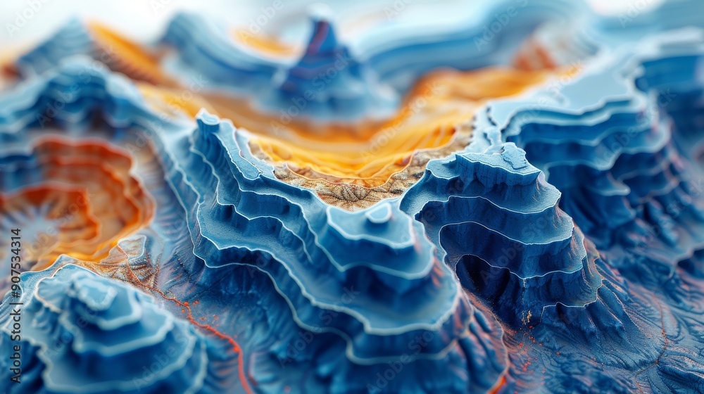 Detailed 3D topographic map with mountains, plains and bodies of water ...
