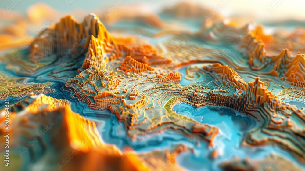 Detailed 3D topographic map with mountains, plains and bodies of water ...