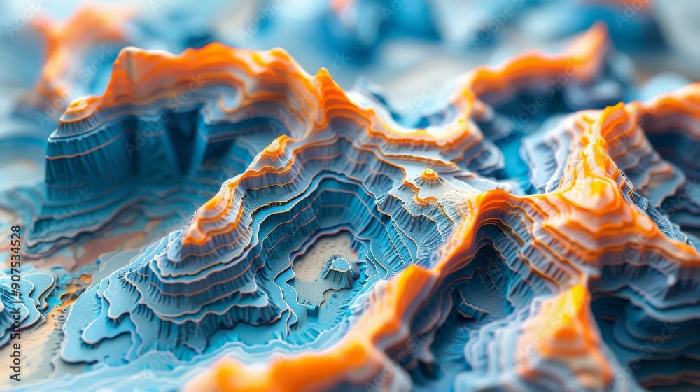 Detailed 3D topographic map with mountains, plains and bodies of water ...
