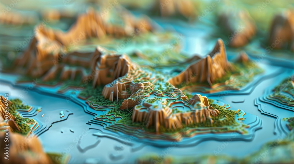 Detailed 3D topographic map with mountains, plains and bodies of water ...