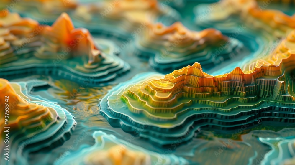 Detailed 3D topographic map with mountains, plains and bodies of water ...