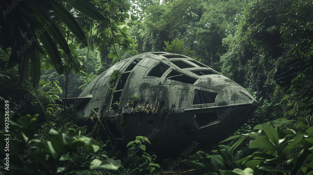 An abandoned spaceship that crashed and was swallowed by green plants in the heart of the jungle ...