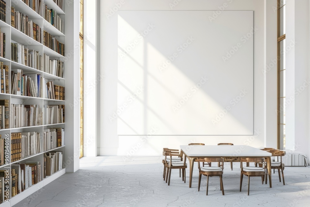 White public library reading room corner with table and blank wall ...