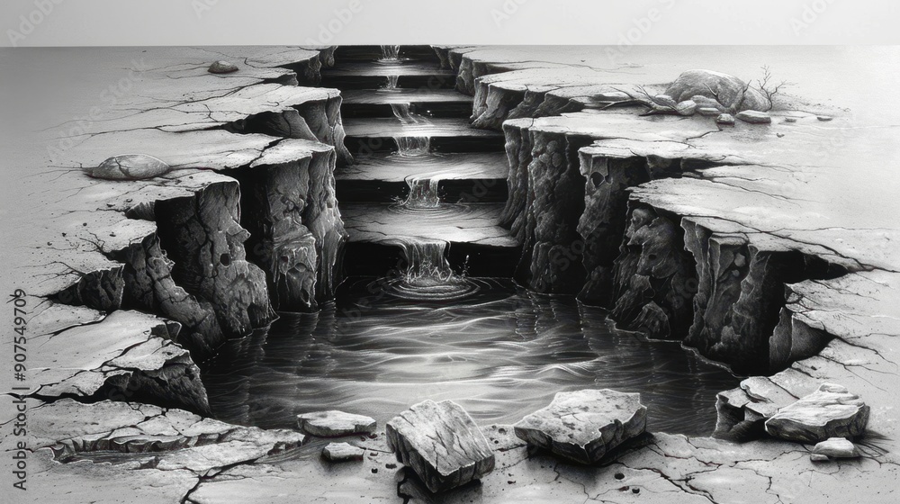 A dramatic fissure in a barren landscape reveals cascading water into a ...