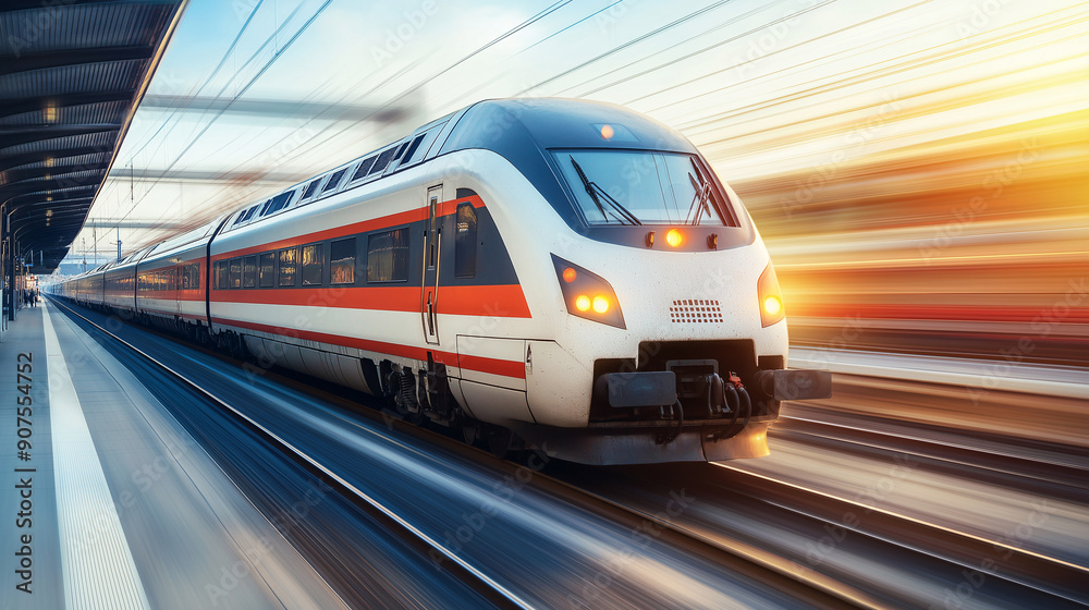 A dynamic stock photo of a sleek, modern train speeding along a track ...