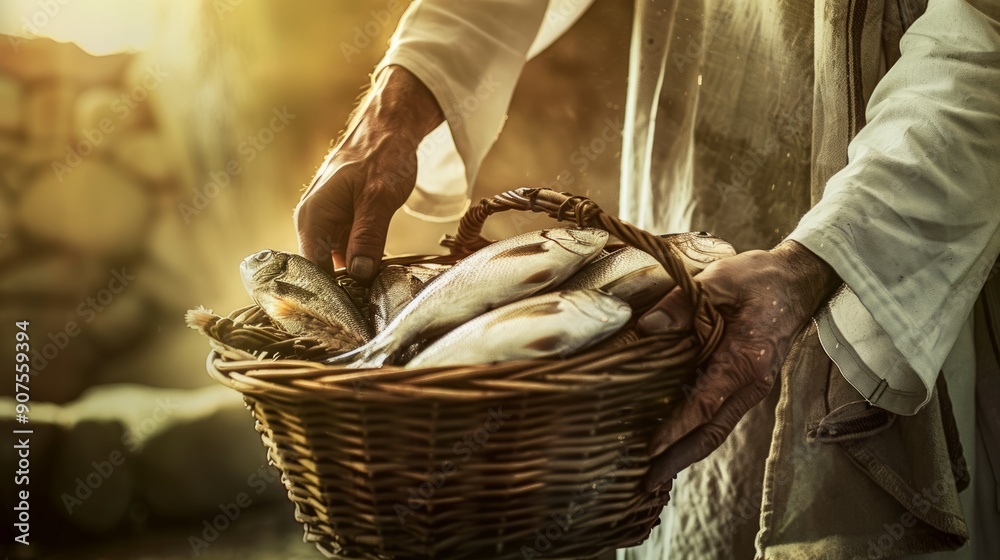 Jesus holding a basket with fish and bread. Biblical-themed artwork ...
