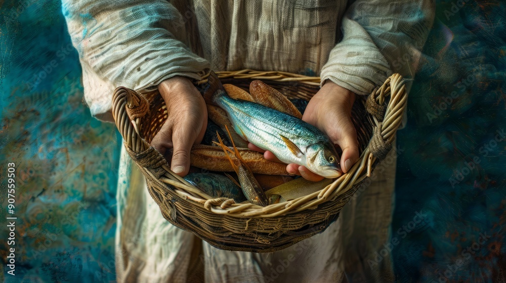 Jesus holding a basket with fish and bread. Biblical-themed artwork ...