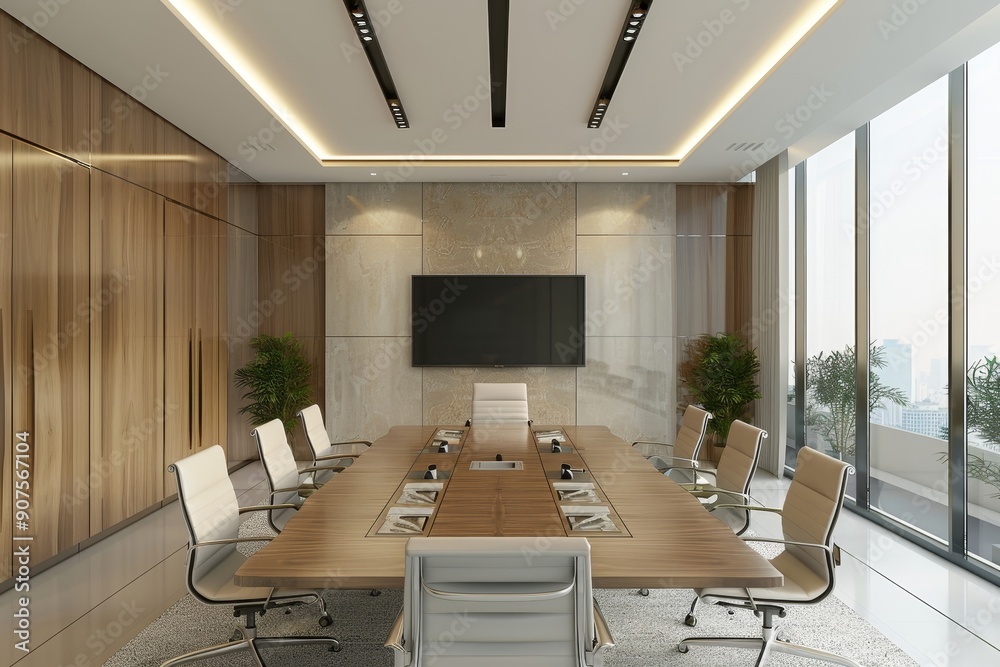 Cozy office conference room interior with meeting table and mock up tv ...