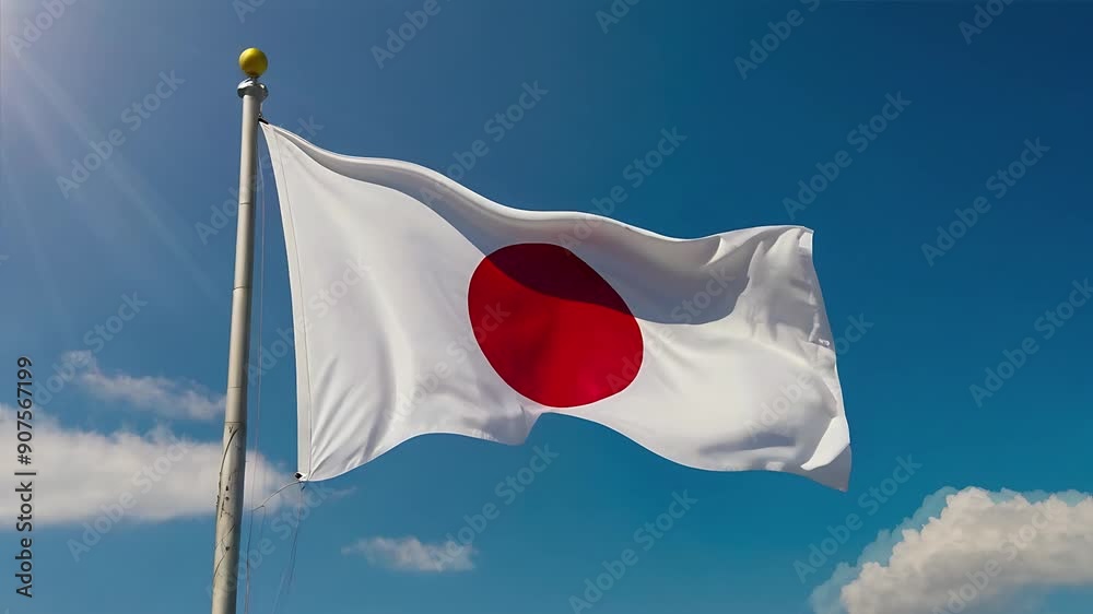 Japanese Flag Waving Against Clear Blue Sky with White Clouds. Iconic ...