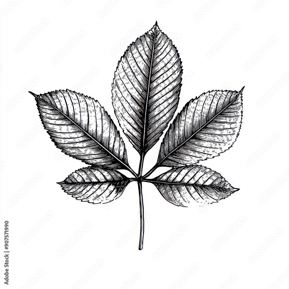 Black and white Vintage engraved art of a horse chestnut leaf isolated ...