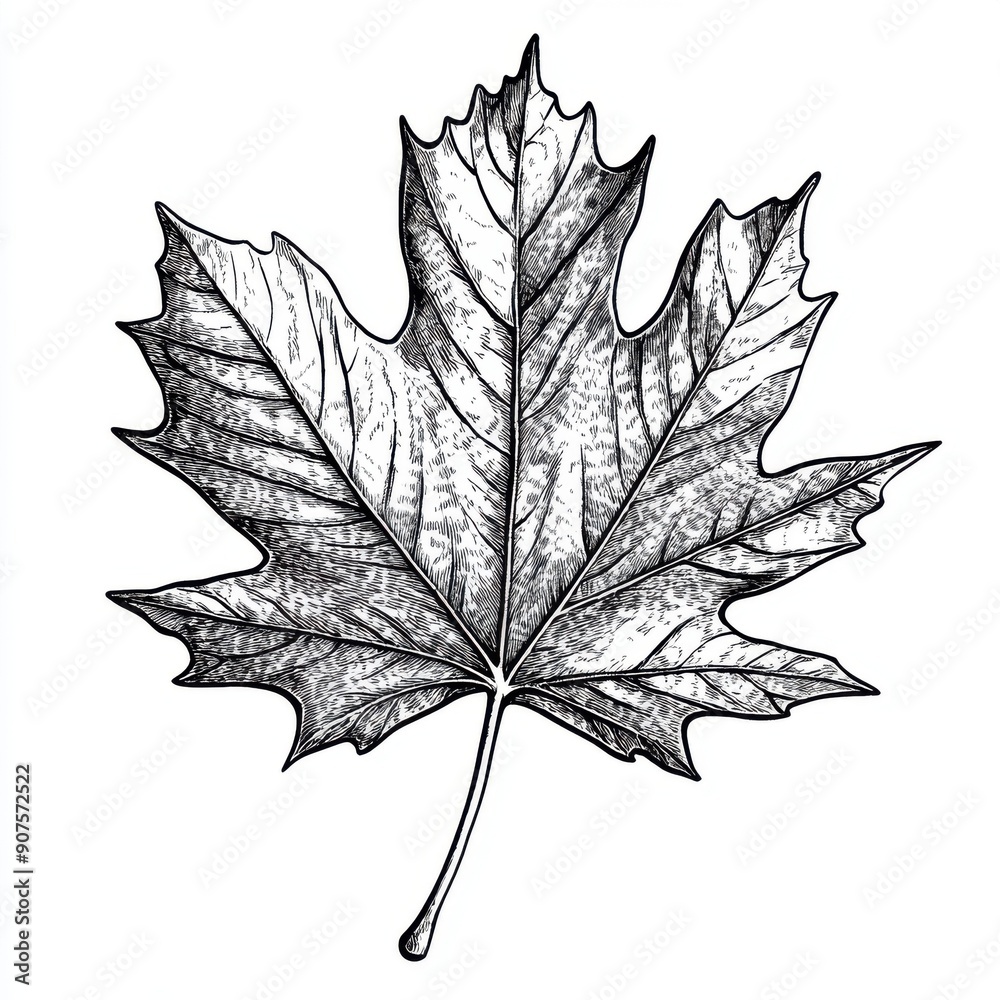 Black and white Vintage engraved art of a maple leaf isolated on white ...