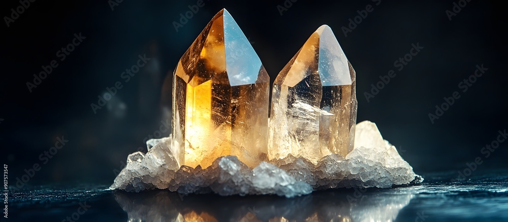 Quartz crystal formation with reflection on black support and ...
