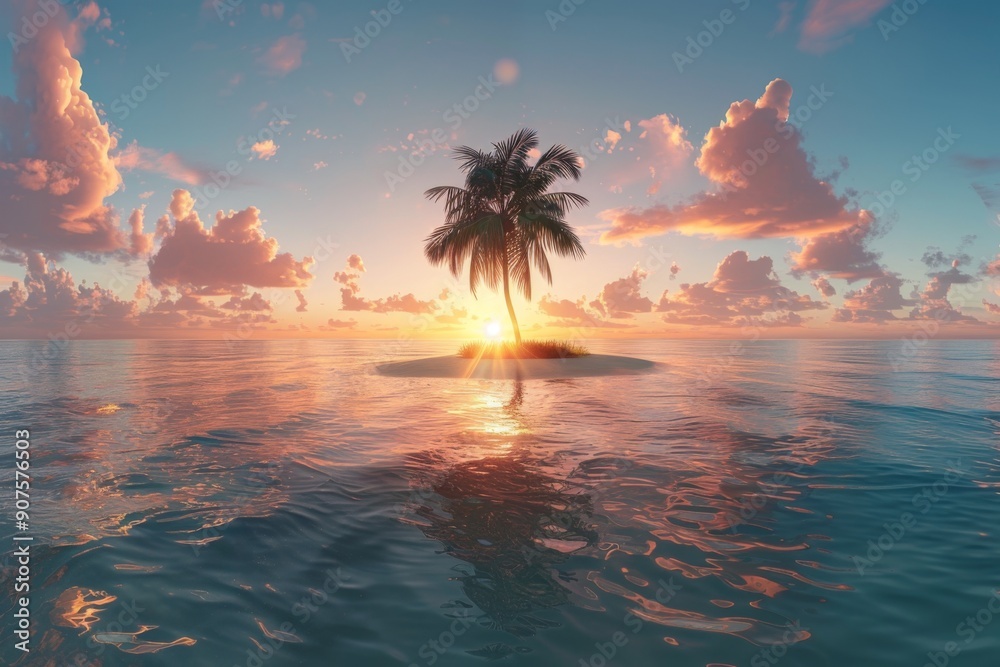 Tropical Island Paradise at Sunset with a Palm Tree, a 360 Panoramic ...