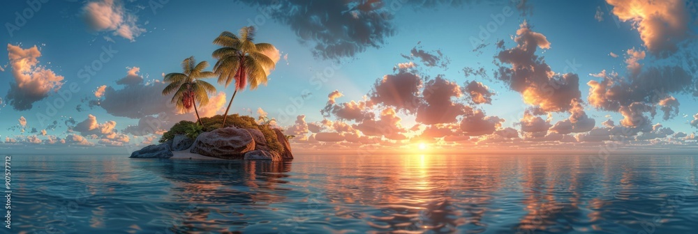 Tropical Island Paradise at Sunset with a Palm Tree, a 360 Panoramic ...