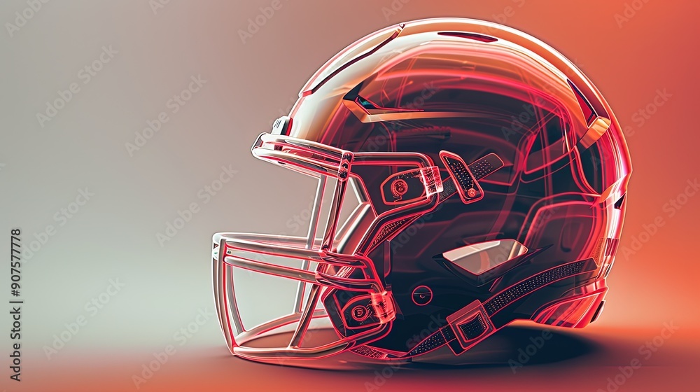 A football helmet is shown in a red and white color scheme. The helmet ...