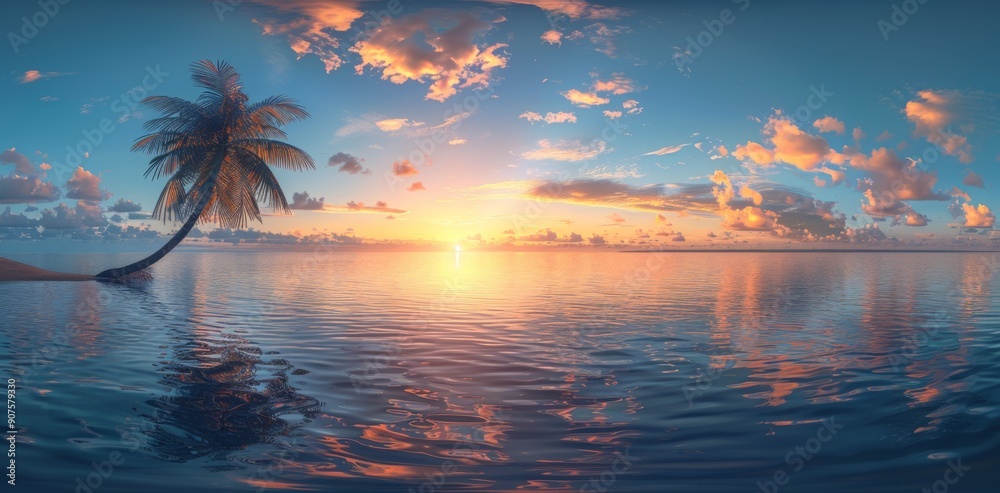Tropical Island Paradise at Sunset with a Palm Tree, a 360 Panoramic ...