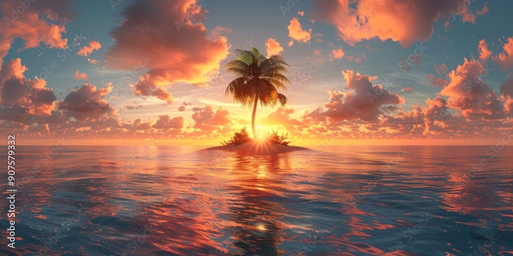 Tropical Island Paradise at Sunset with a Palm Tree, a 360 Panoramic ...