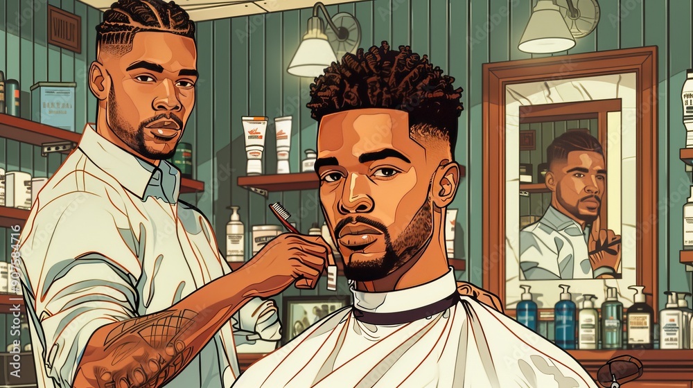 Cartoon vector barber styling a customer hair with a comb and gel Stock ...