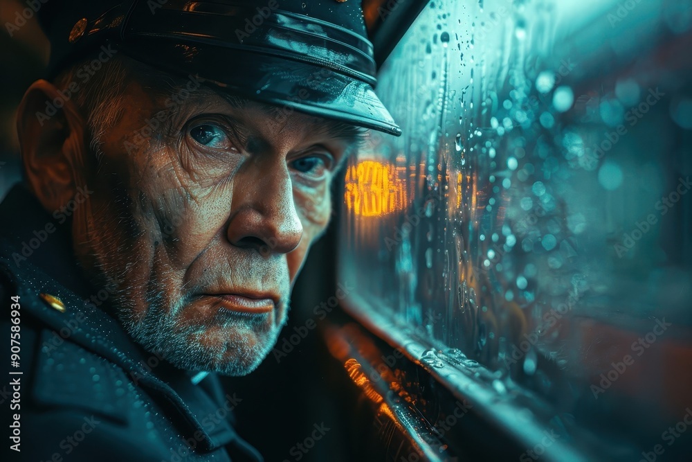 Lone train conductor gazing out the window of a moving train. Stock ...