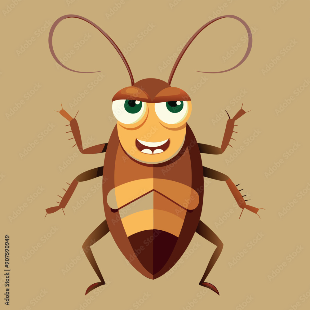 Vector cartoon image of cute brown cockroach with antennae and six legs ...