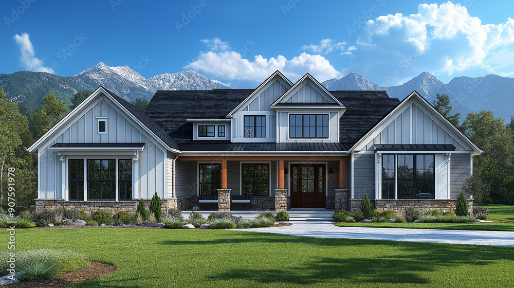 minimalist modern farmhouse style home with a large front porch and ...