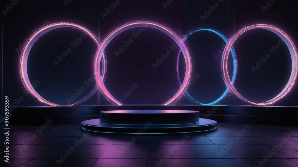Neon platform stand.Podium light hologram tech technology background ...