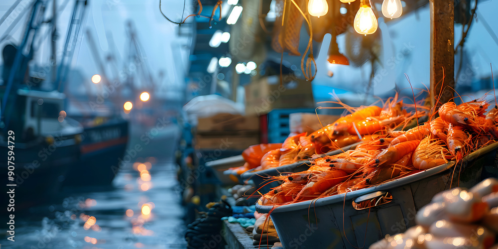 Fresh shrimp sizzling display of fish at the sea food fresh market and ...
