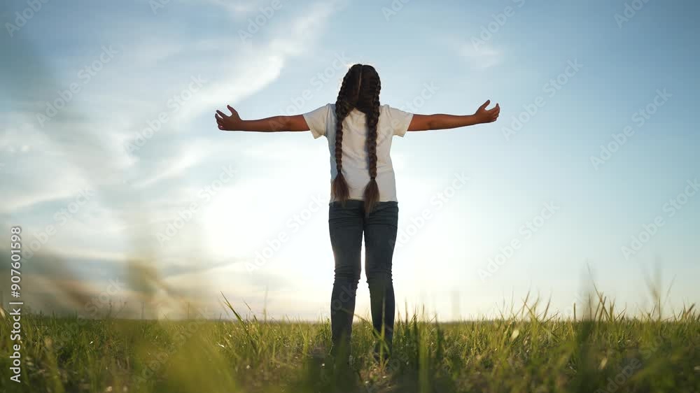 Happy child embracing freedom outdoors. Joyful child expressing freedom ...
