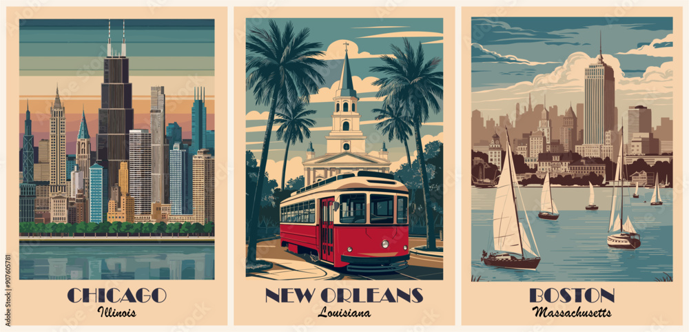 Set of USA Travel Destination Posters in retro style. New Orleans ...