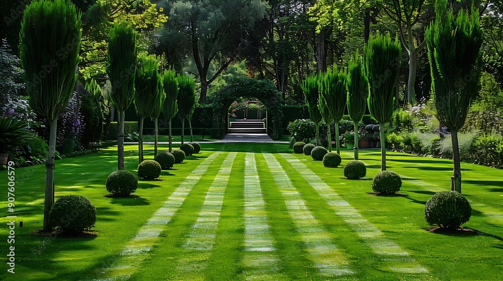 Striped lawn with trees paths and arch in large garden : Generative AI ...