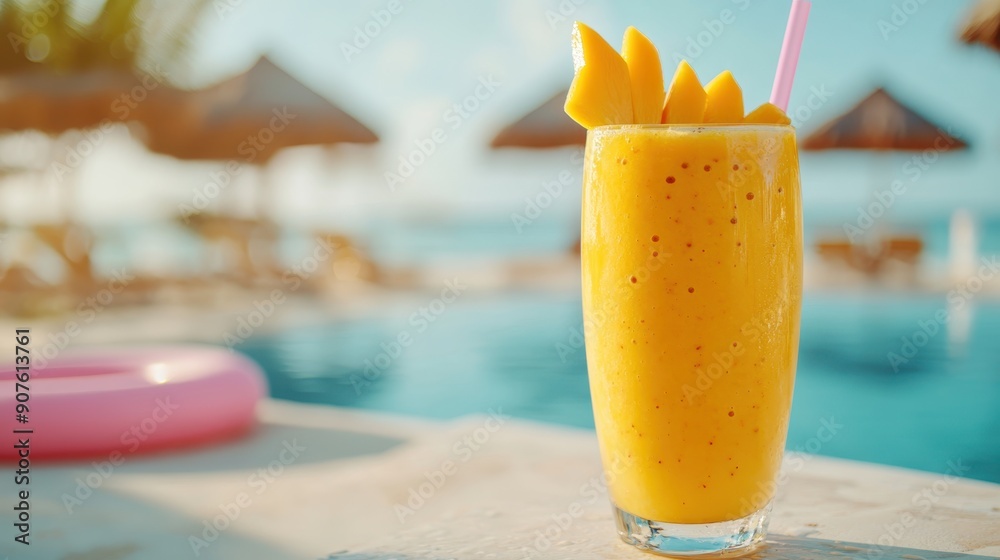Glass of Mango smoothie and fresh fruit on border of a swimming pool ...