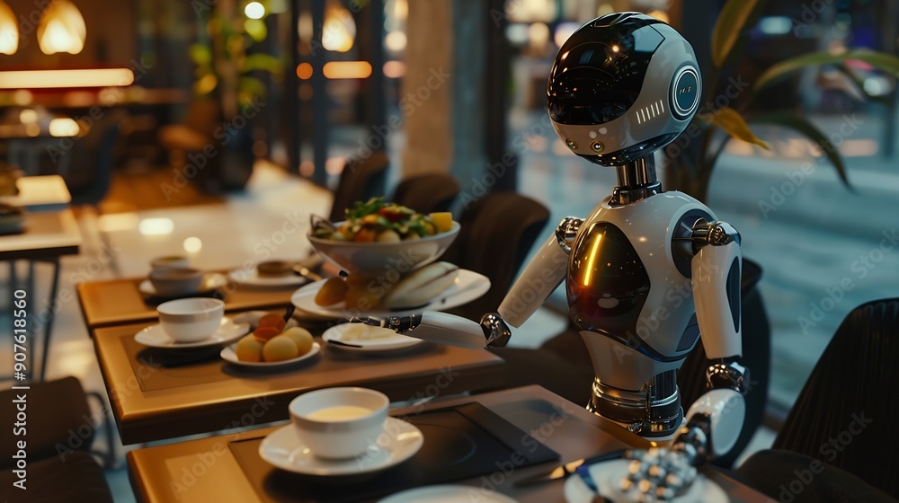 Robot waiter serve food at modern restaurant tableOffering innovation ...