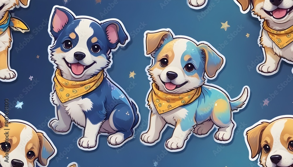 Cartoon illustration of a seamless pattern with two cute puppies in ...