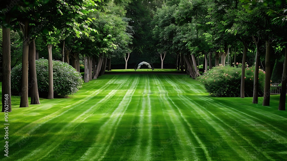 Striped lawn with trees paths and arch in large garden : Generative AI ...