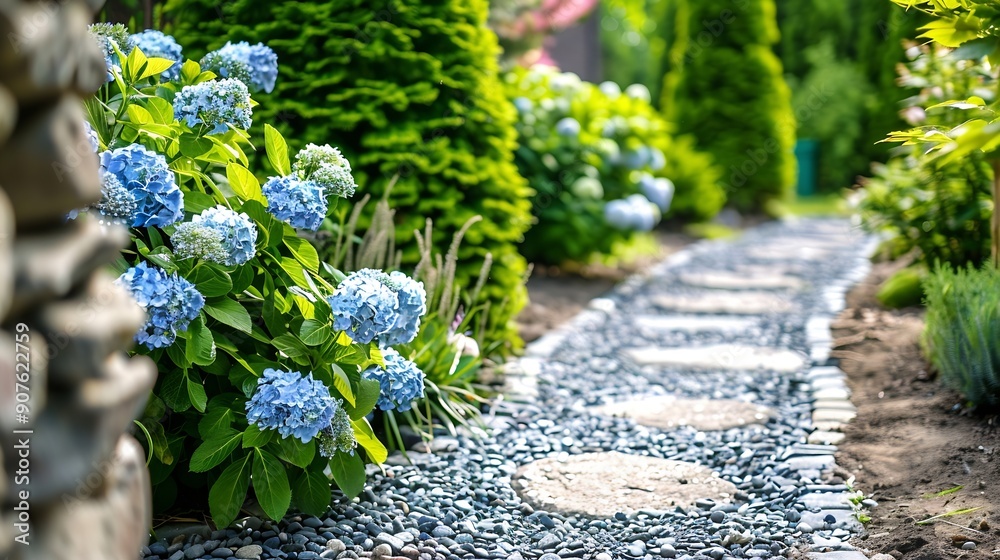 Hydrangea paniculata and conifer Beautiful Garden path made of natural ...