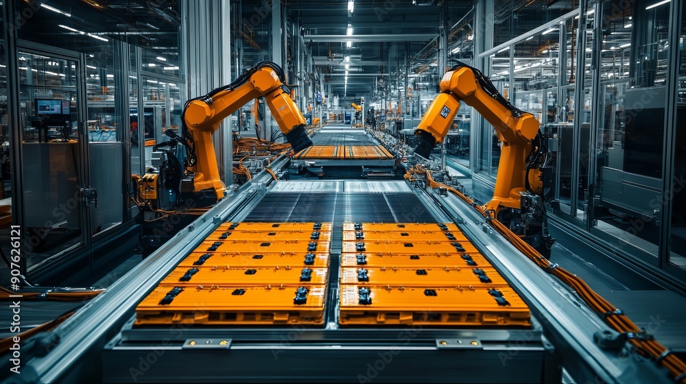 Modern EV factory with automated production lines where robot arms ...