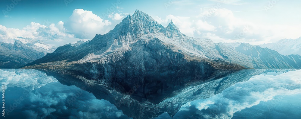double exposure of a majestic mountain peak merging with a deep, dark ...