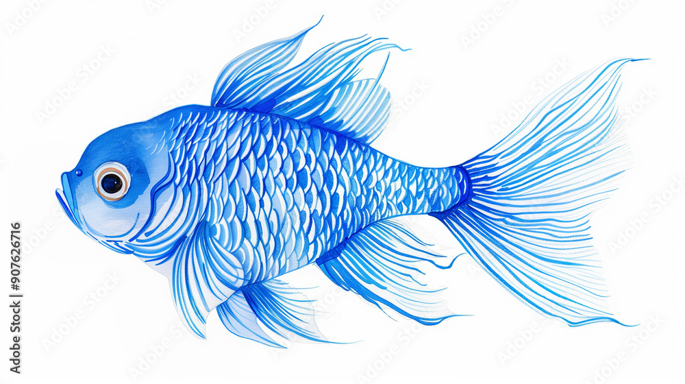 Vibrant Blue Fish Illustration Featuring Detailed Scales and Flowing ...