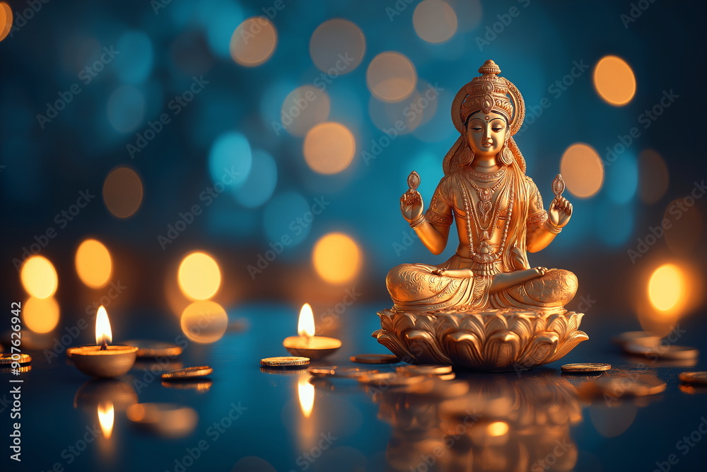 Illuminated golden Lakshmi statue with glowing candles, Hindu goddess ...
