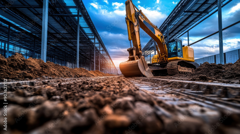 A yellow construction vehicle is digging into the ground. Concept of ...