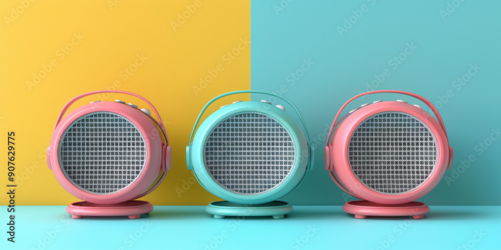 Three retro-style speakers in pastel colors on a split yellow and blue ...