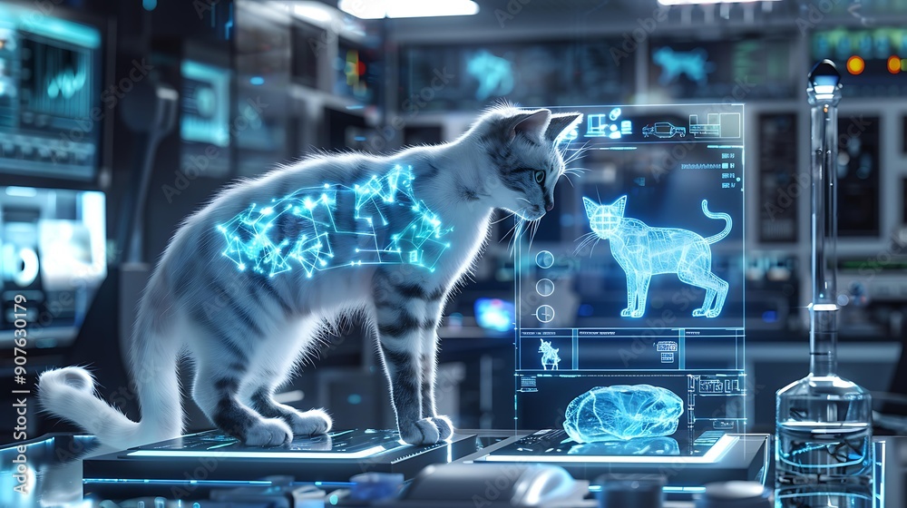 An advanced AI-powered cat with sleek, chrome-like features interacting ...