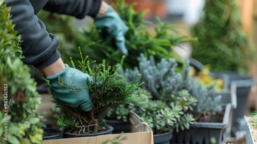 Gardener unpacking parcel with plants in containers Blue star juniper ...