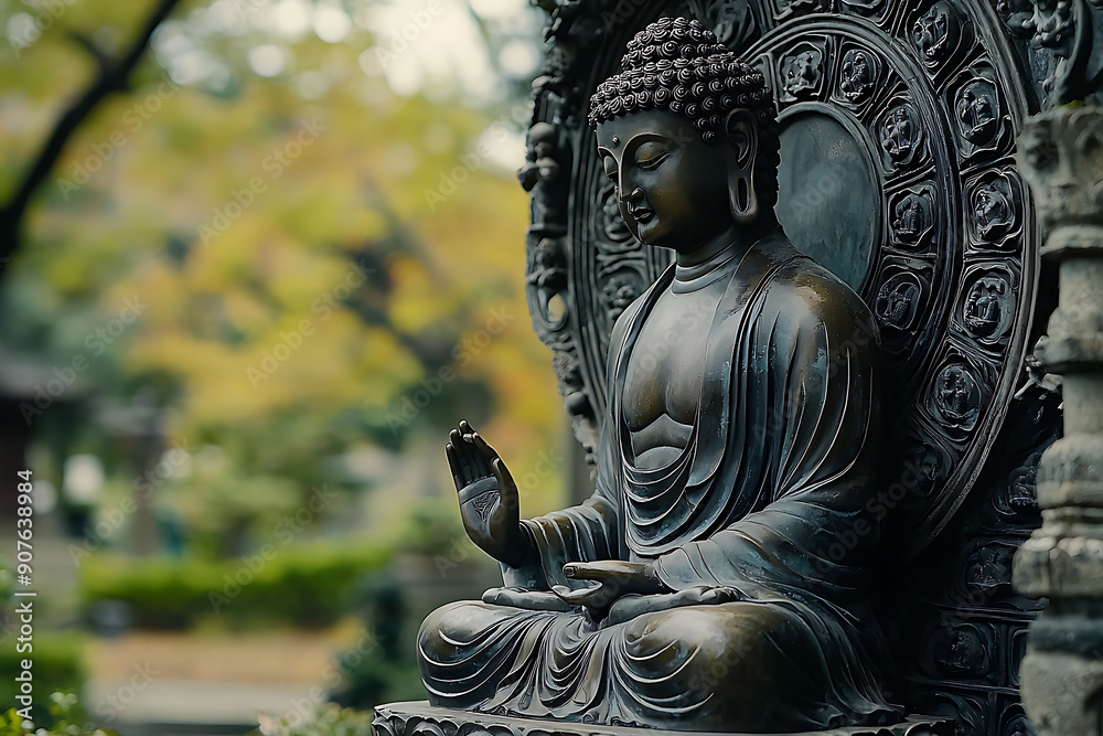 Buddha statues with the Dharma Wheel symbolize the Buddha's teachings ...