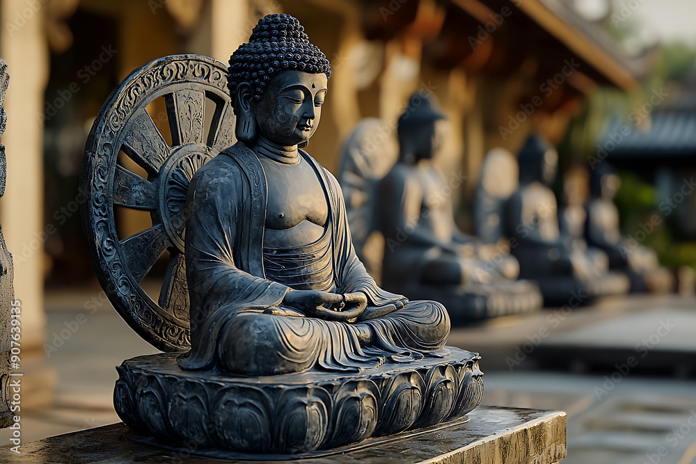 Buddha statues with the Dharma Wheel symbolize the Buddha's teachings ...