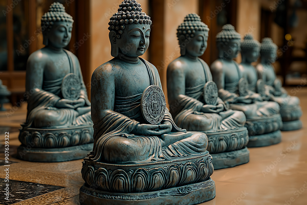 Buddha statues with the Dharma Wheel symbolize the Buddha's teachings ...