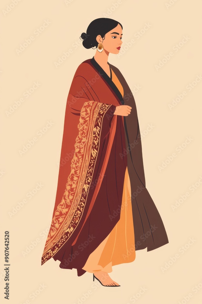 Minimalism illustration, a Nepali woman, wearing a traditional gunyu ...